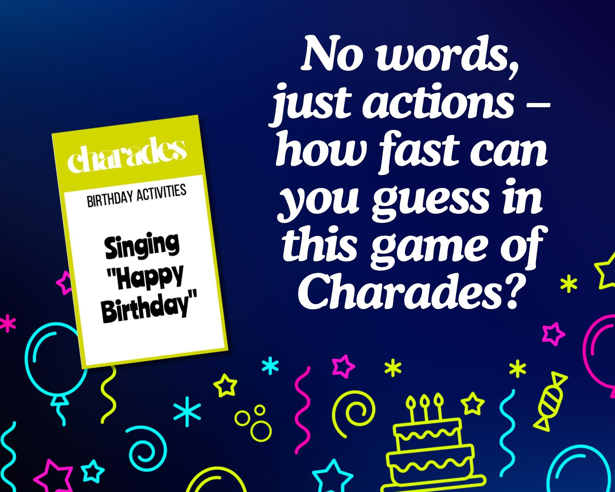 Birthday Charades Game Printable | Charades Party Game | Birthday Theme ...