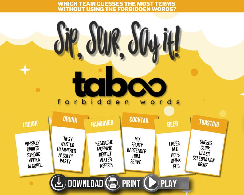 Drinking Game Taboo: Party Edition Printable Cards (PDF Download) - Etsy