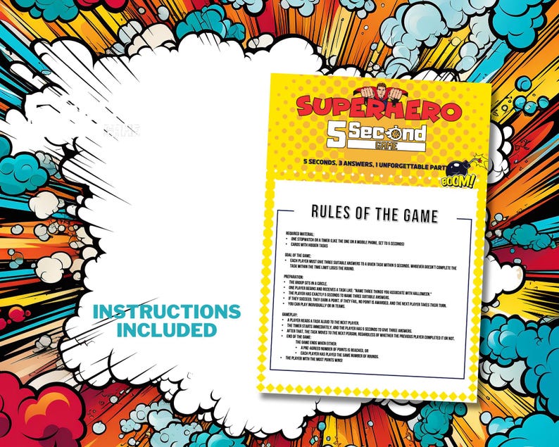 Superhero 5 Second Rule Game | Printable Cards | Fun Party Game ...