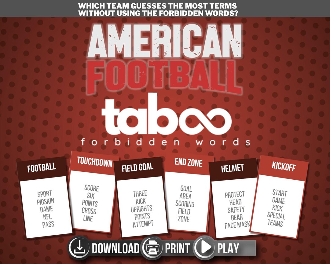 American Football Taboo Game Printable | Taboo Party Game | American ...