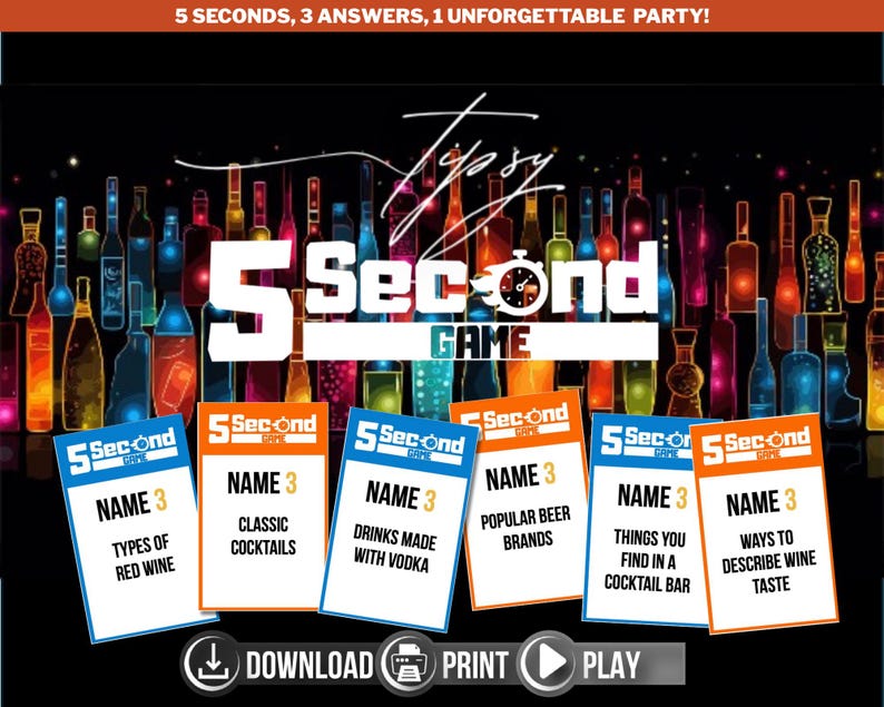 Tipsy 5 Second Rule Game | Printable Cards | Fun Party Game | Instant ...