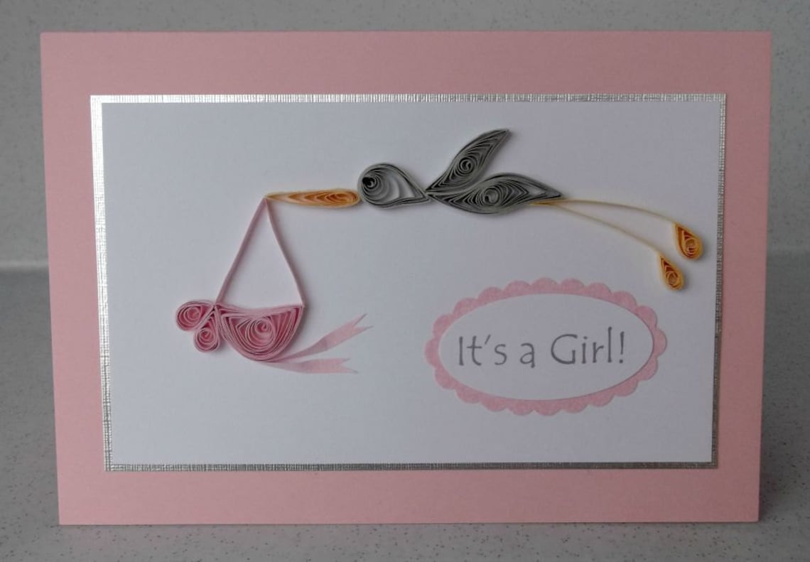 Quilled New Baby Card, Baby Girl Birth Congratulations, Quilling Stork ...