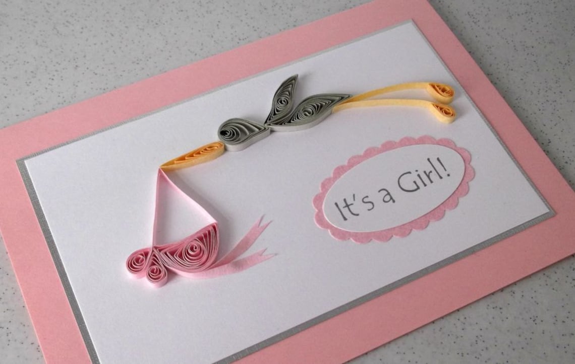 Quilled New Baby Card, Baby Girl Birth Congratulations, Quilling Stork ...