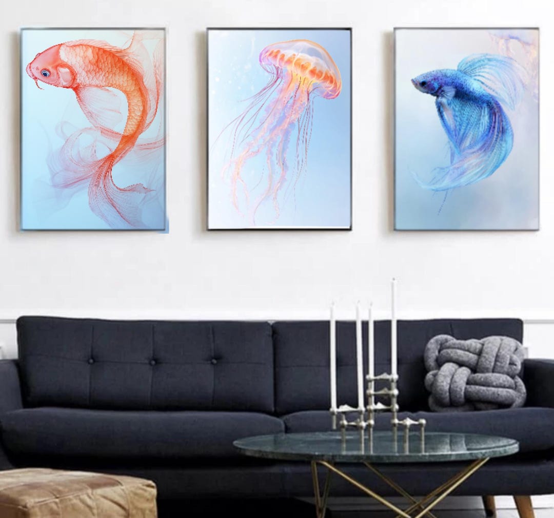 Ocean Themed Wall Art Set Printable Home Decor | Fish and Jellyfish ...