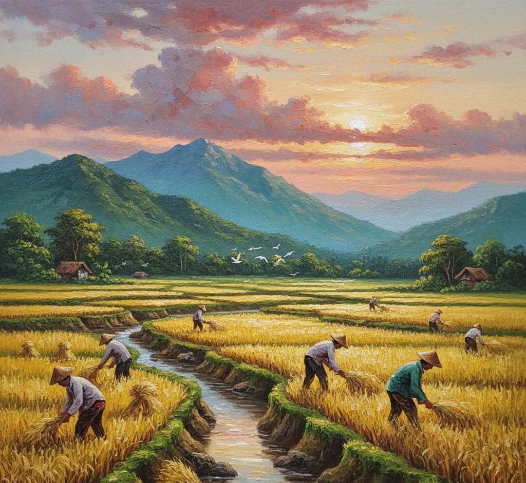 Prosperity & Stability: Large Sunset Rice Field Painting for Wealth and ...