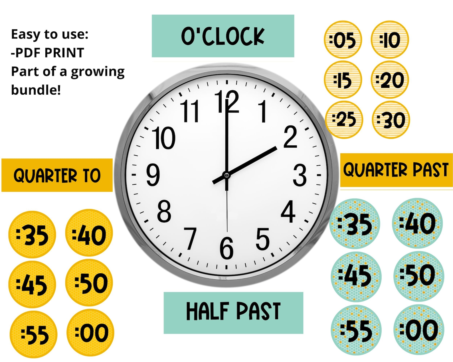 Telling Time Clock Labels | Quarter Past, Half Past, O'clock ...