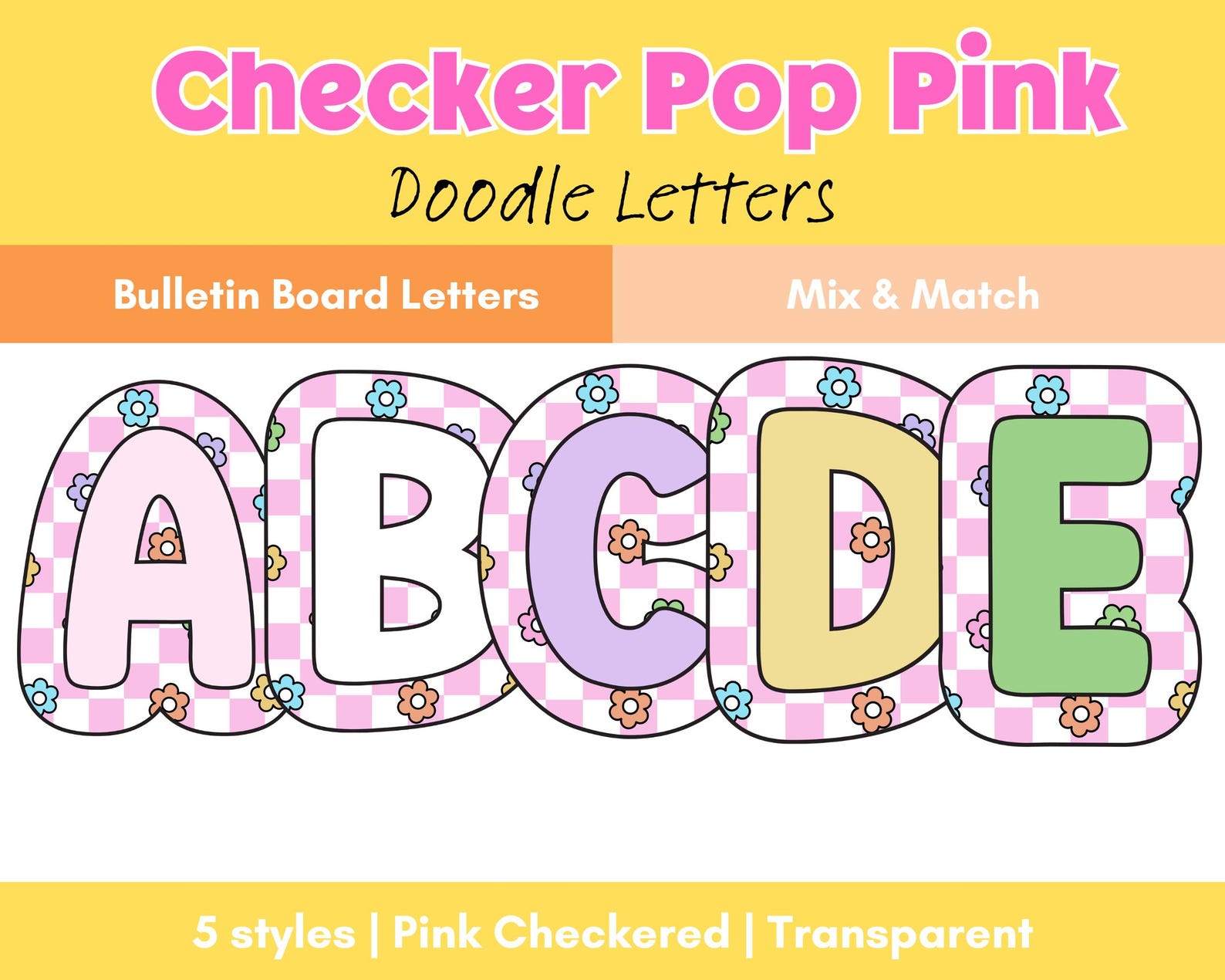 Pink Checkered Daisy Bulletin Board Letters A-Z PNG | Back to School ...