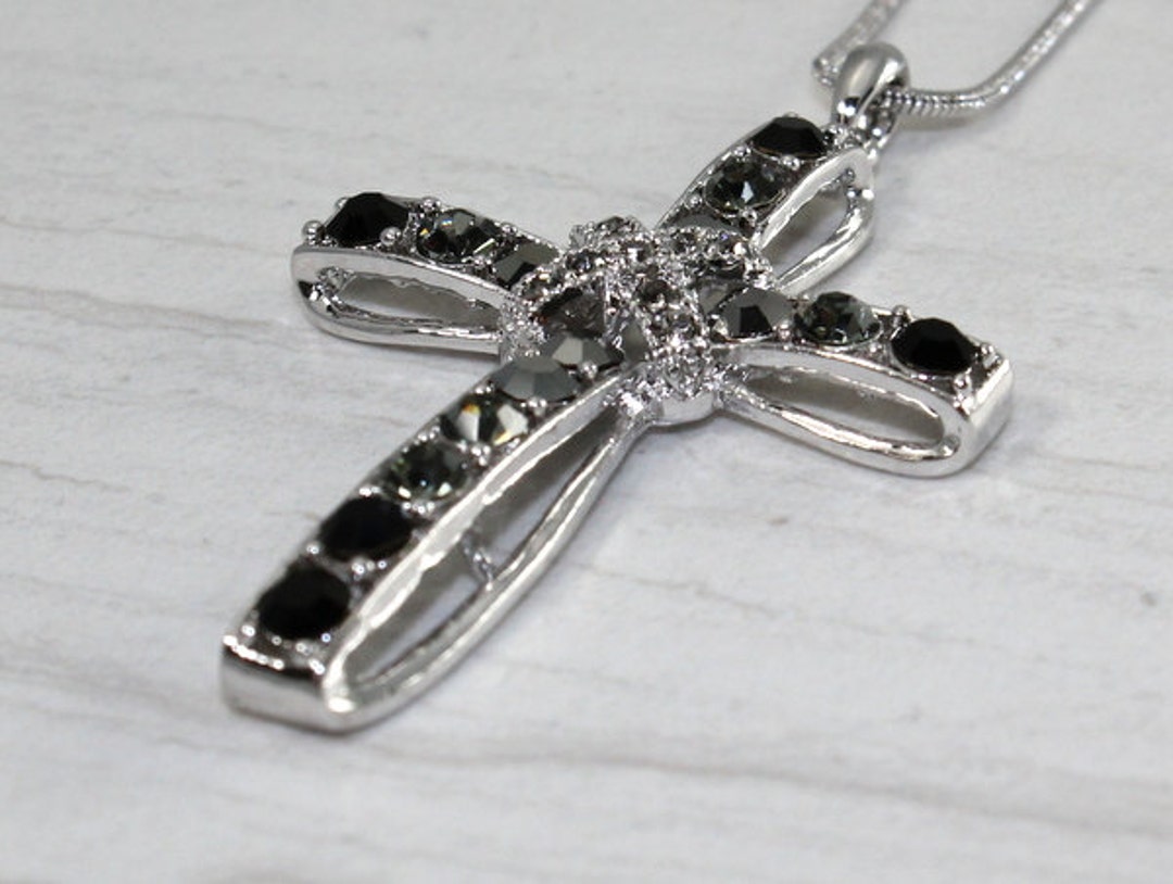 Large Black and Gray Rhinestone Cross Necklace - Etsy