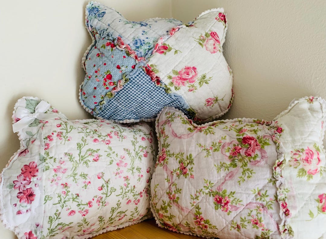 Quilted Cat Pillow: Shabby Chic Patchwork Decor, Nursery Accent - Etsy