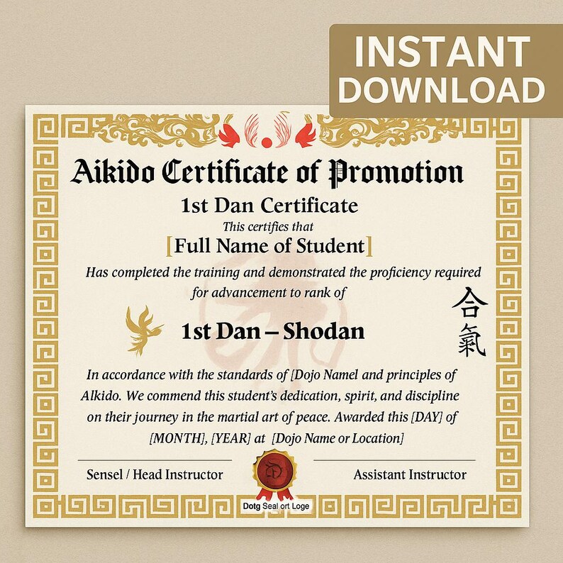 Aikido Dan Rank Certificate Template: Editable Martial Arts Award (pdf ...