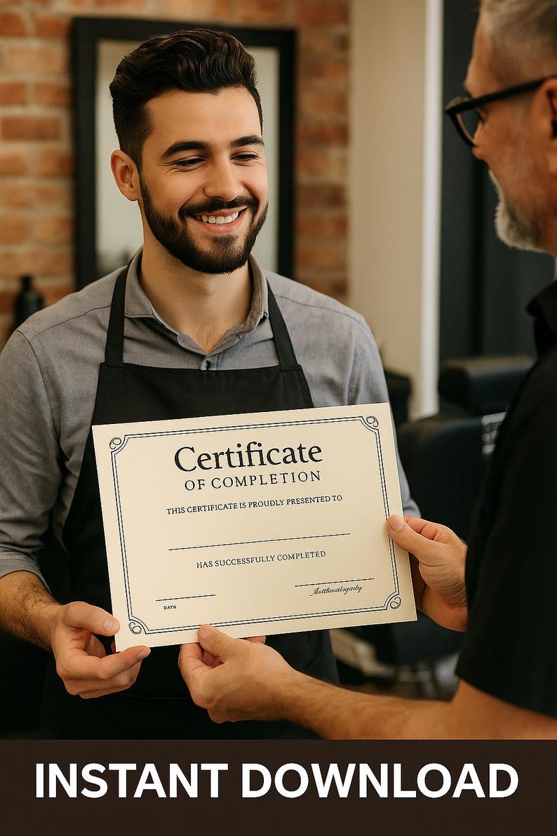 Printable Barber License Certificate, Salon Completion Certificate ...