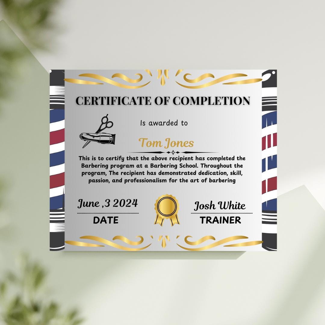 Editable Barber Certificate of Completion: Salon Training Diploma (PDF ...
