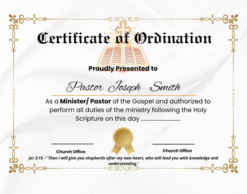 Pastor Ordination Certificate Template | Printable Clergy License ...