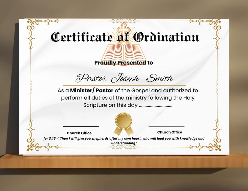 Pastor Ordination Certificate Template | Printable Clergy License ...