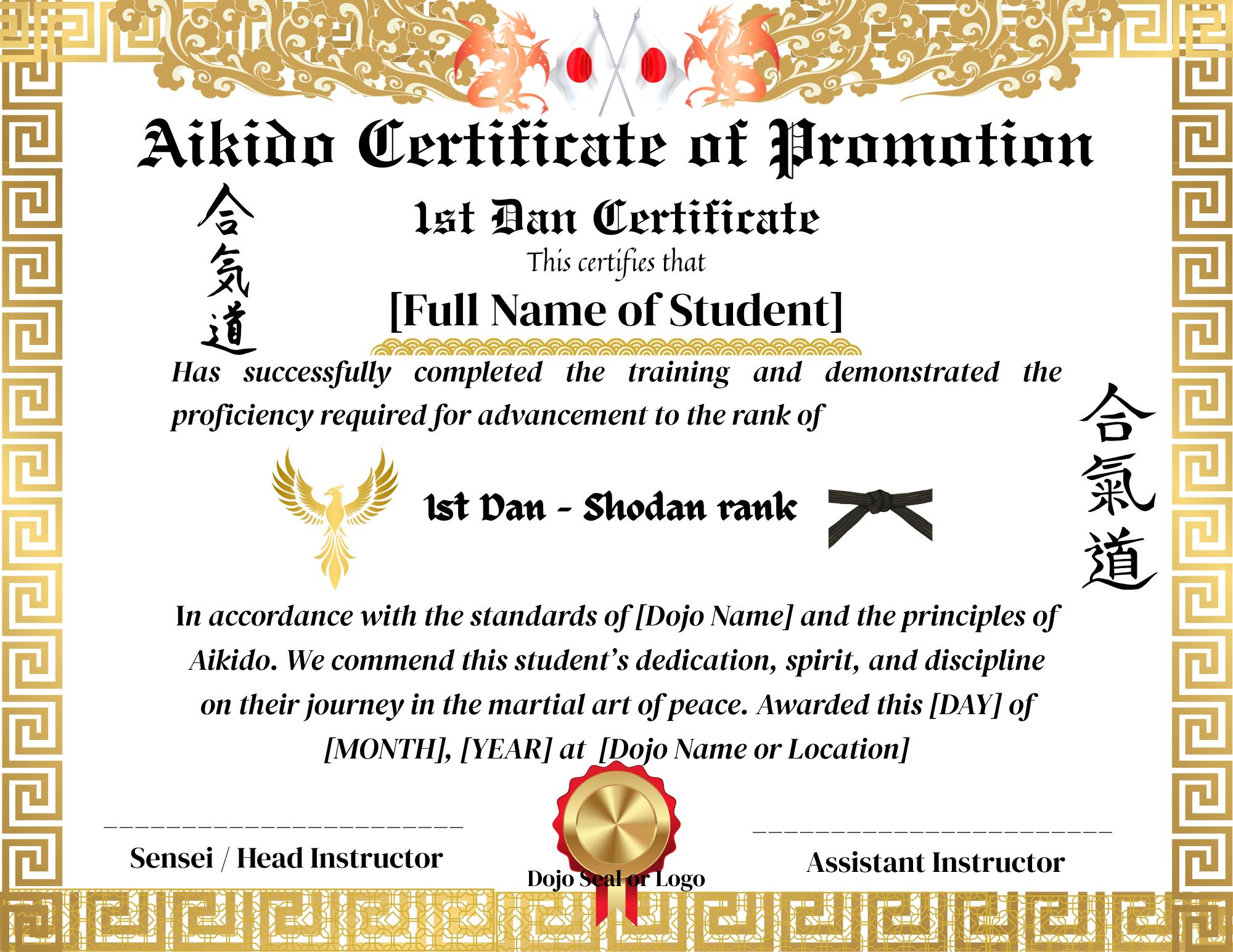 Aikido Dan Rank Certificate Template: Editable Martial Arts Award (pdf ...