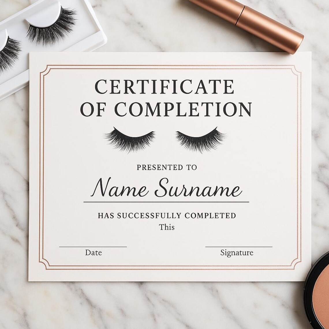 Editable Lash Course Certificate of Completion: Rose Gold Beauty Award ...