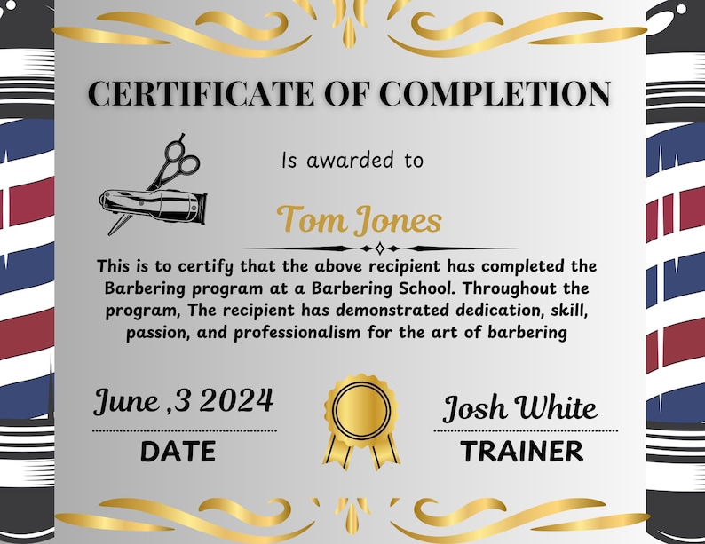 Barber Certificate of Completion | Editable Barber School Diploma ...