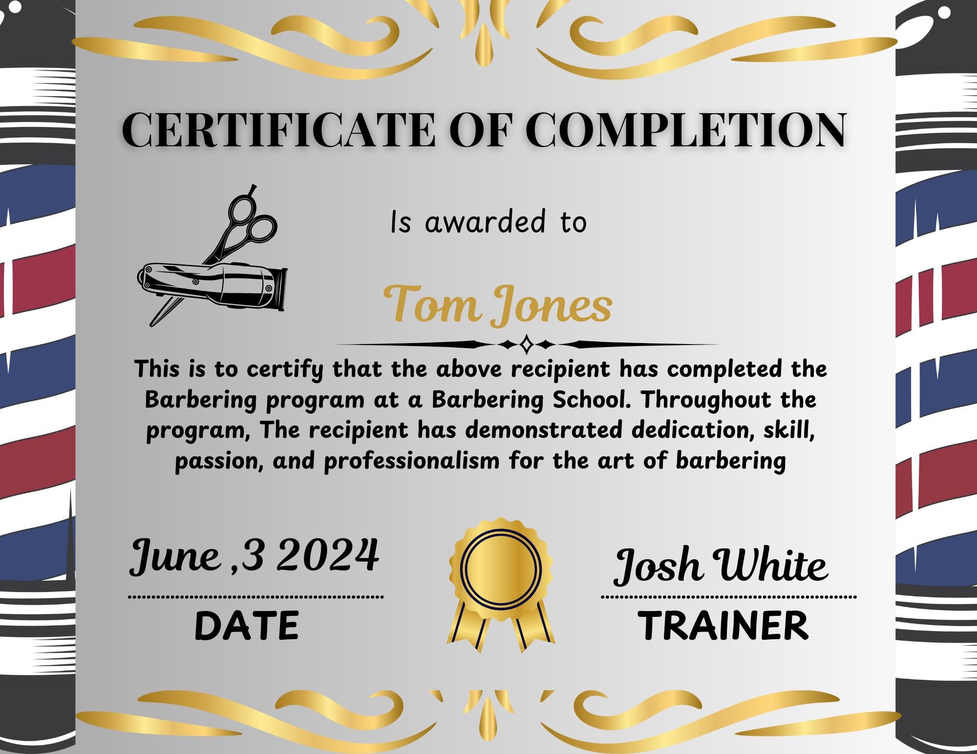 Editable Barber Certificate Template: Barber School Diploma (digital ...