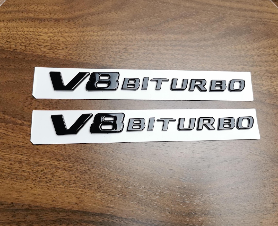 2 Emblems V8 Biturbo 200mm Mercedes Class A C GLE GLC A45 C63 Black ...