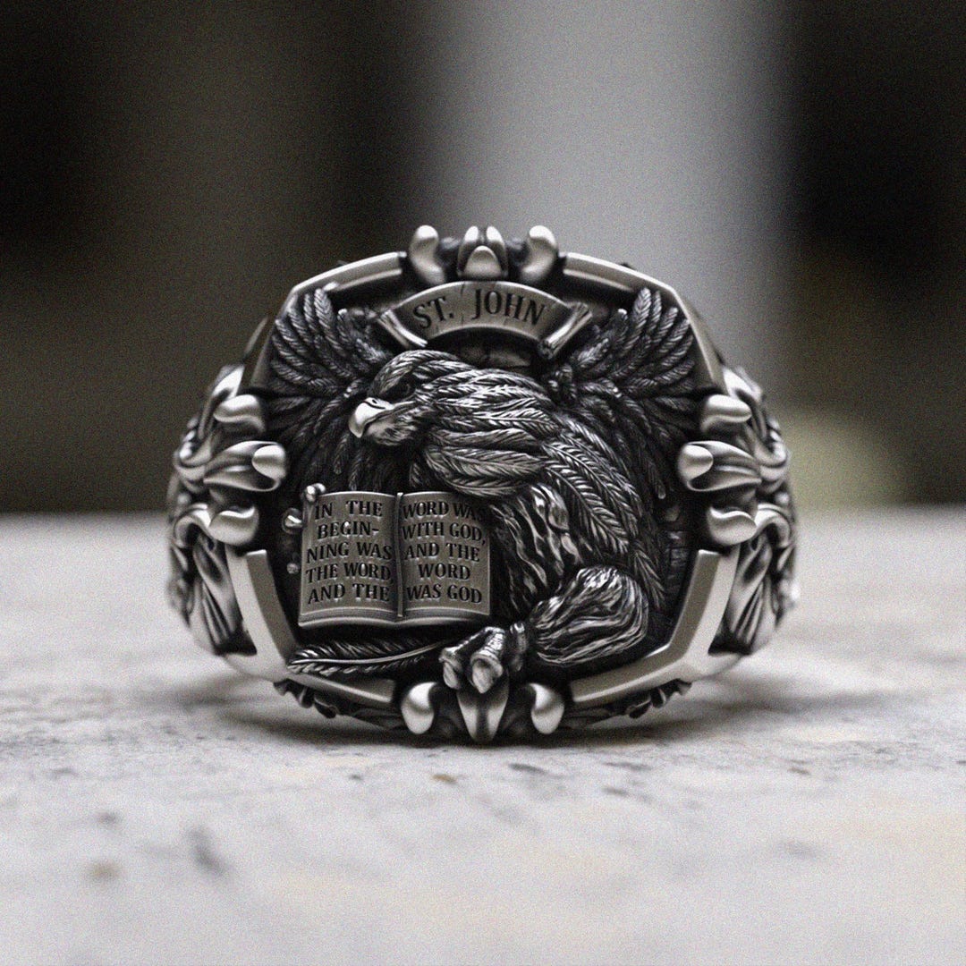 Saint John Eagle Ring Sterling Silver, Religious Cross Signet Band 925 ...