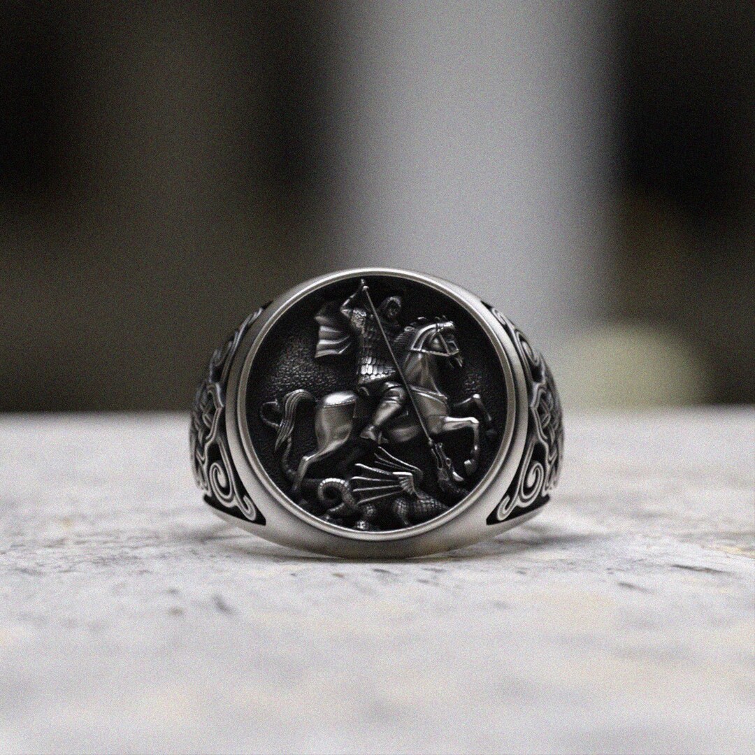 925 Sterling Silver St. George Ring, Dragon Slayer Knight Signet Ring ...