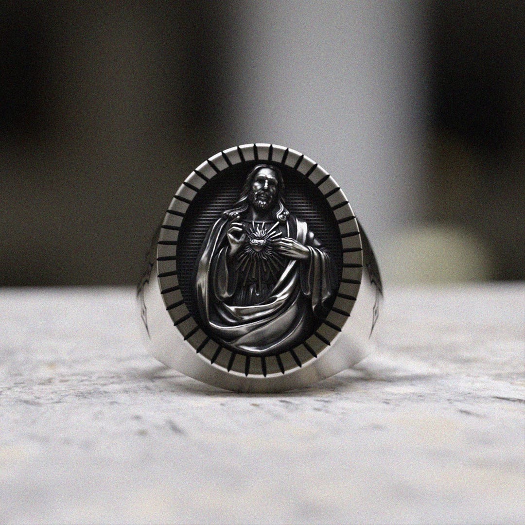 925 Sterling Silver Sacred Heart of Jesus Ring | Religious Medallion ...