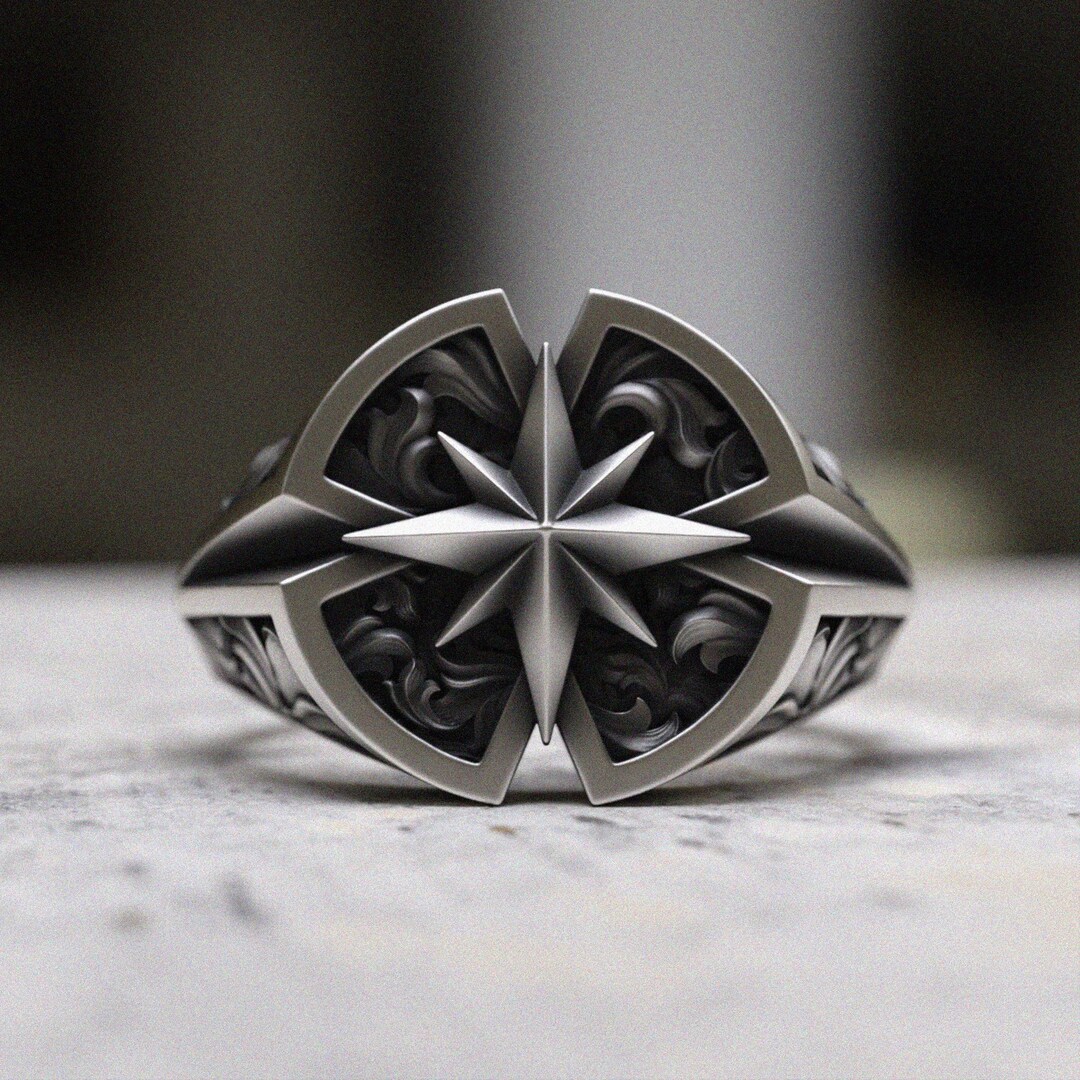 Compass Rose Ring Sterling Silver, North Star Navigator Ring 925, Windrose Statement Band ...