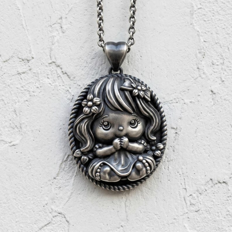 Two-tone 925 Sterling Silver Baby Girl Pendant, Oxidized Gold Vermeil ...