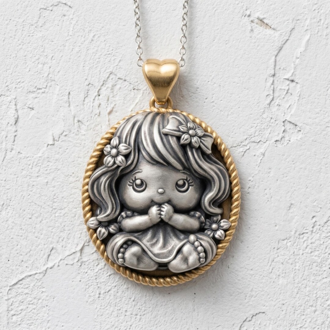 Two-tone 925 Sterling Silver Baby Girl Pendant, Oxidized Gold Vermeil ...