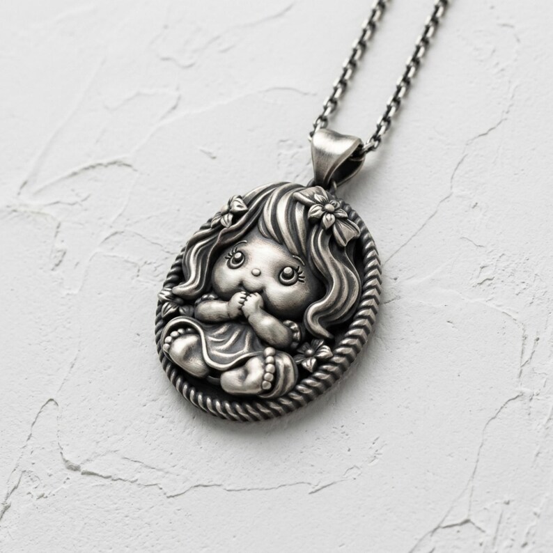 Two-tone 925 Sterling Silver Baby Girl Pendant, Oxidized Gold Vermeil ...