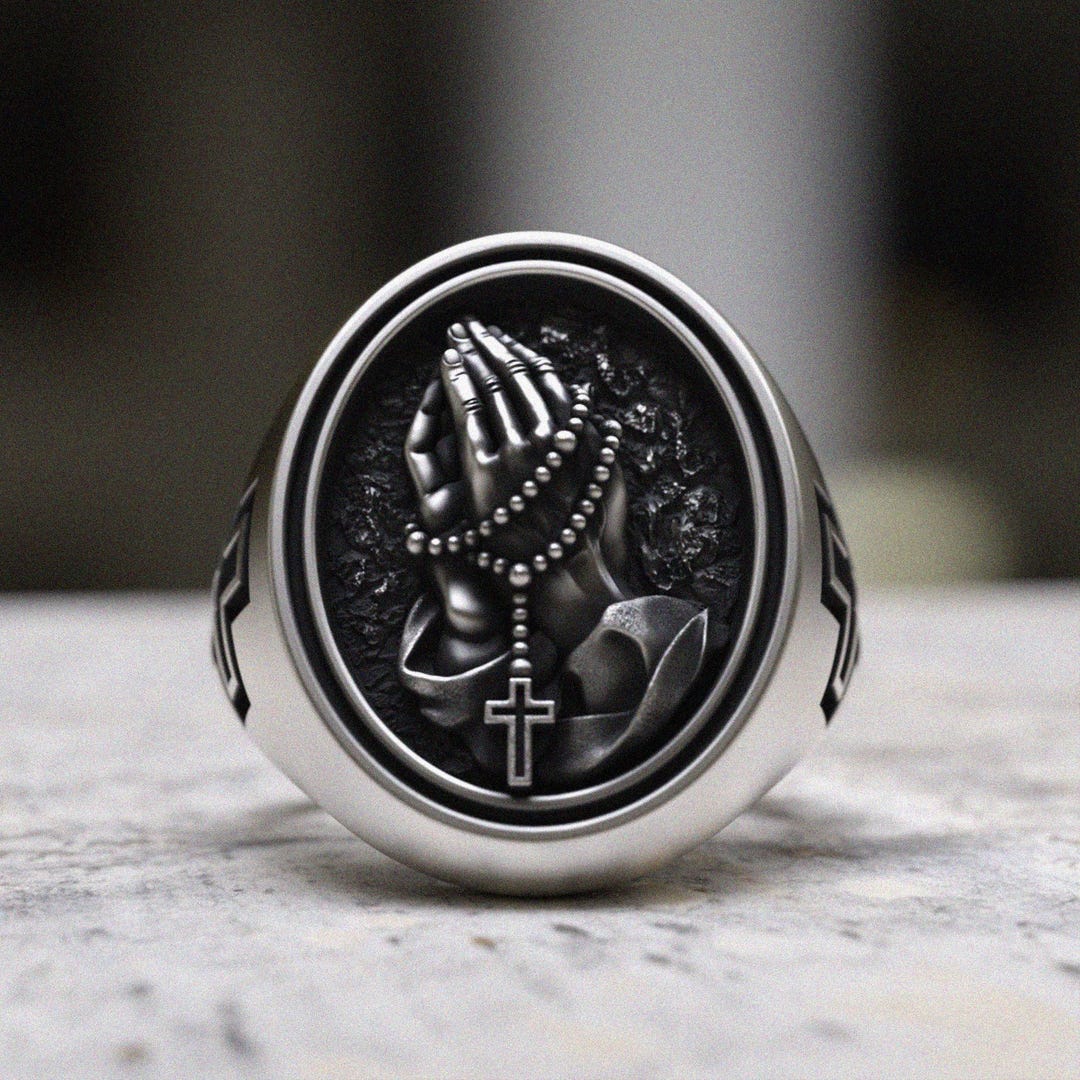 Praying Hands Ring, 925 Sterling Silver, Religious Cross Ring, Handcrafted Christian Ring, Faith ...