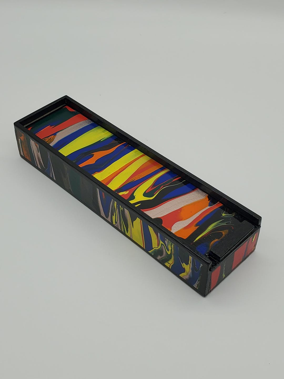 Painted Office Pencil Box With Sliding Lid, Abstract Fluid-painted Wood ...