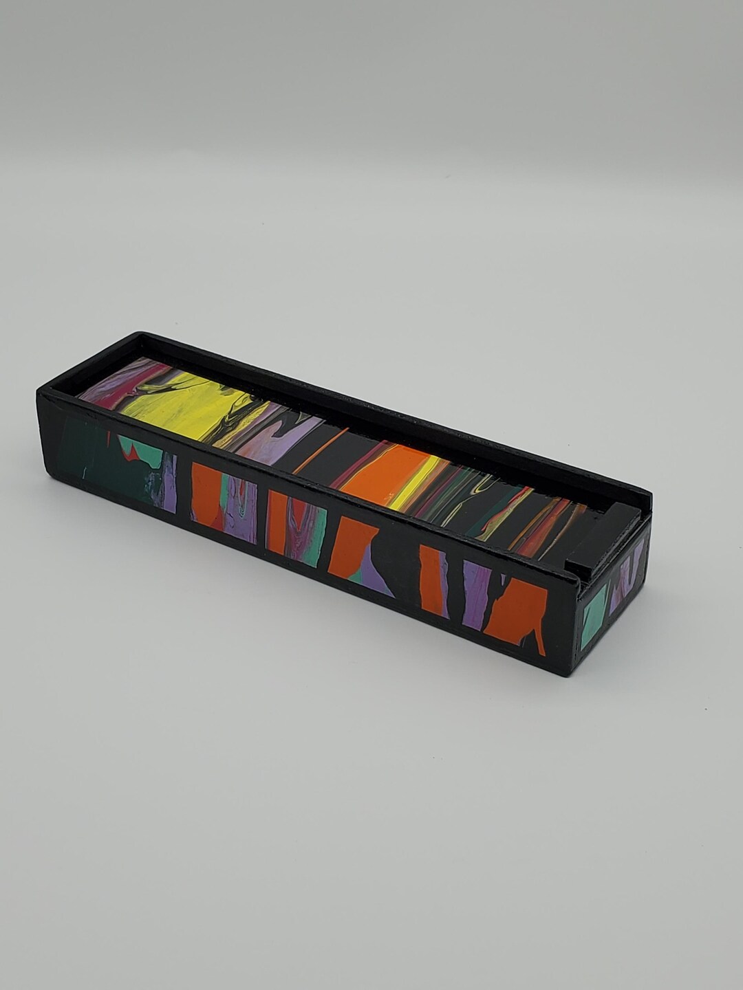 Painted Office Pencil Box With Sliding Lid, Abstract Fluid-painted Wood ...