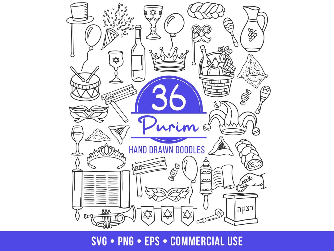 Purim Doodles SVG Bundle | Hand Drawn PNG EPS Holiday Hamantaschen ...