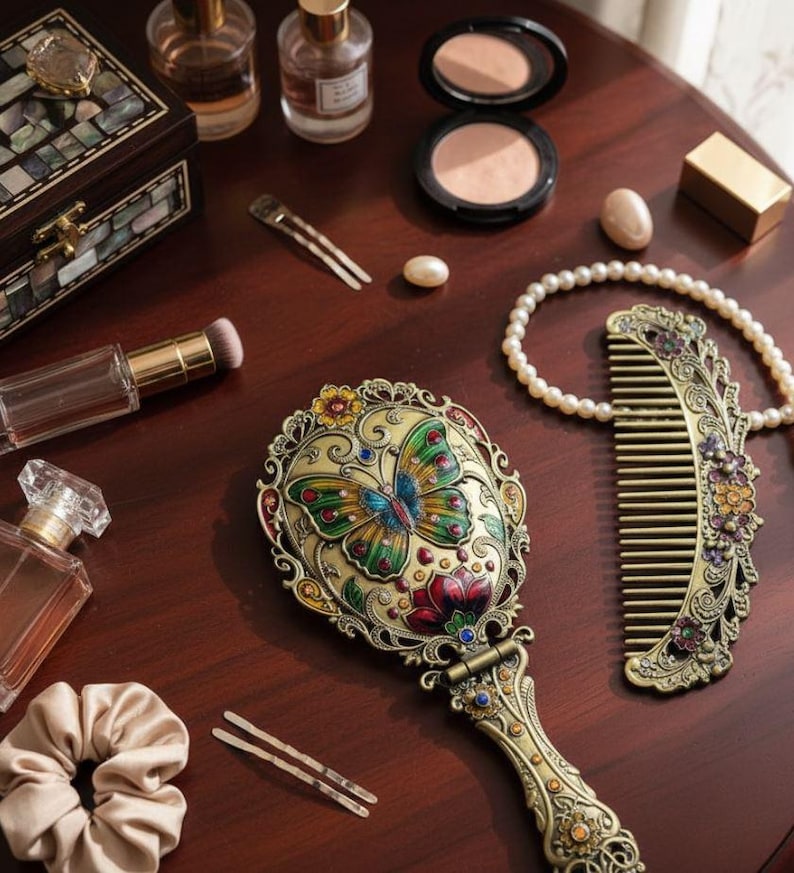 Vintage Bronze Butterfly Enamel Mirror and Comb Set - Etsy