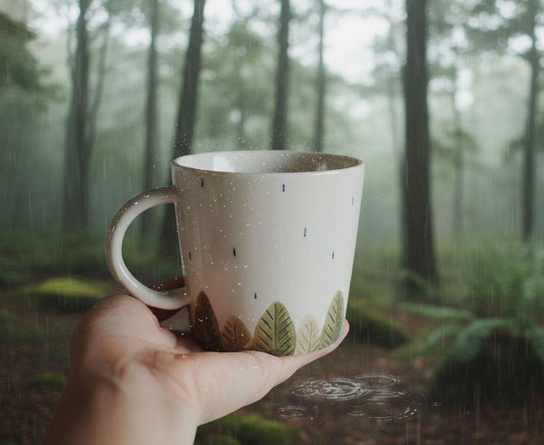 Handmade Ceramic Coffee Mug: 3D Forest Tree, Rain Design - Etsy
