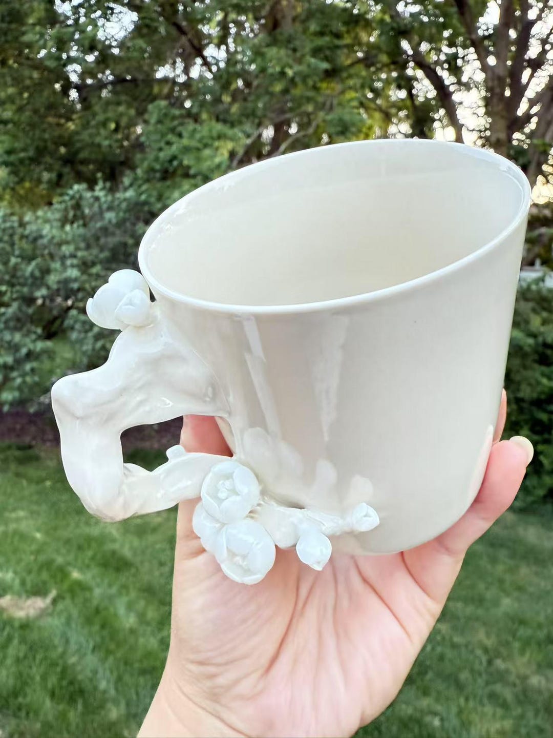 Handmade Ceramic Mug Floral Handle Unique Gift for Her White Artisan ...