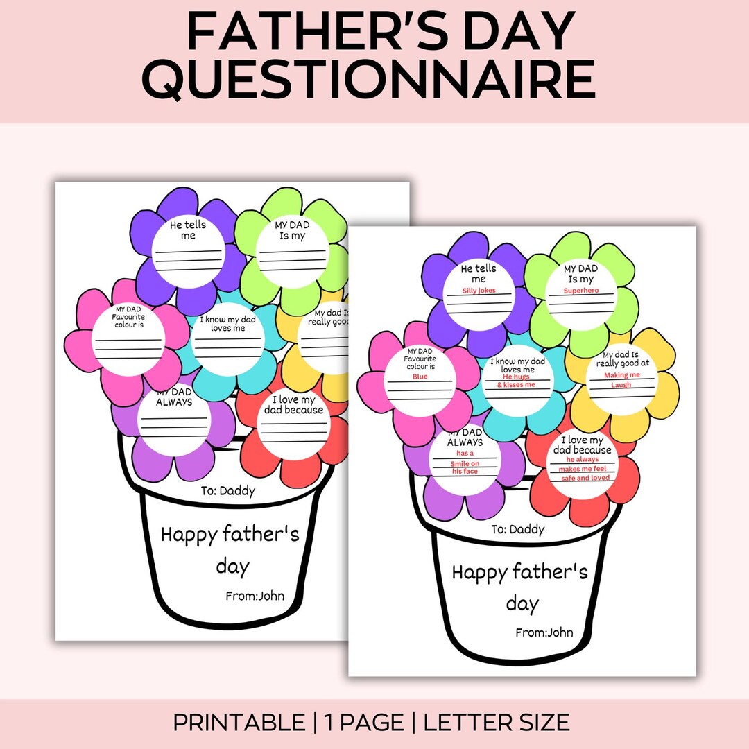 Father's Day Flower Questionnaire, Kid's Worksheet With Questions About ...
