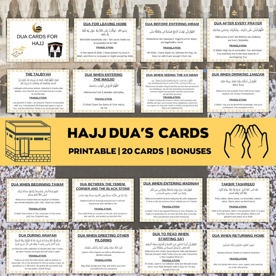 Hajj Duas Printable Cards, Hajj Flashcards, Prayer Cards, Islamic Dua ...