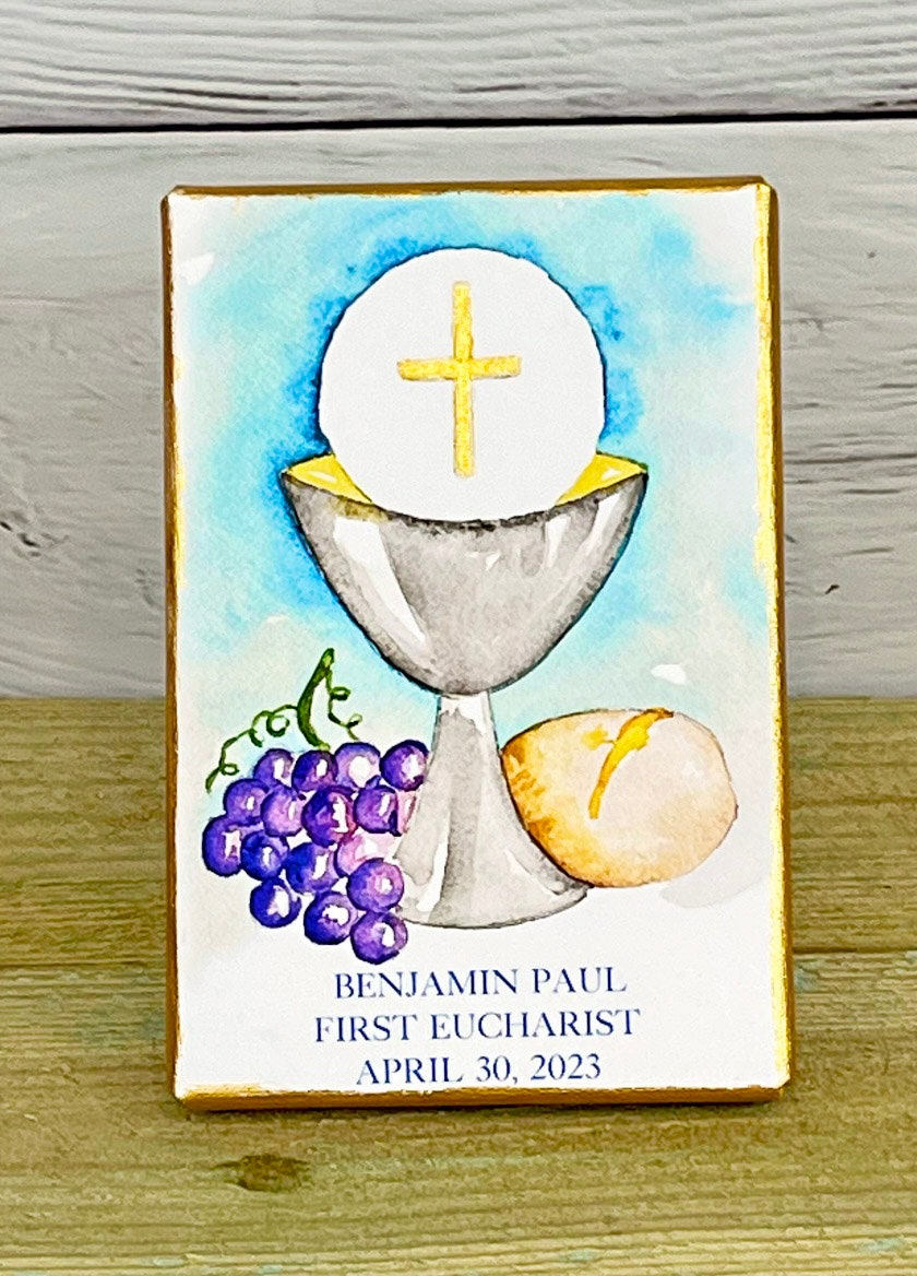 First Eucharist Communion Personalized Watercolor on Canvas Silver ...