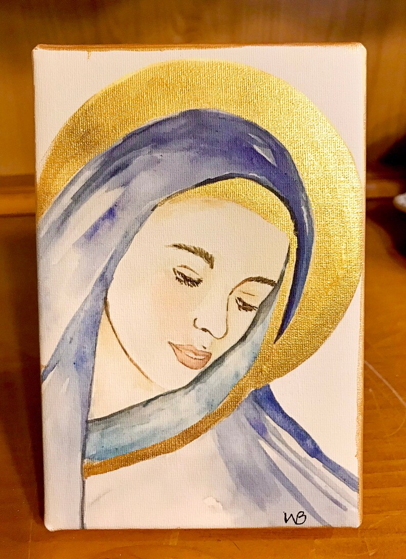 Blessed Mother Mary Mantle Watercolor on Canvas Print With Gold Accents ...