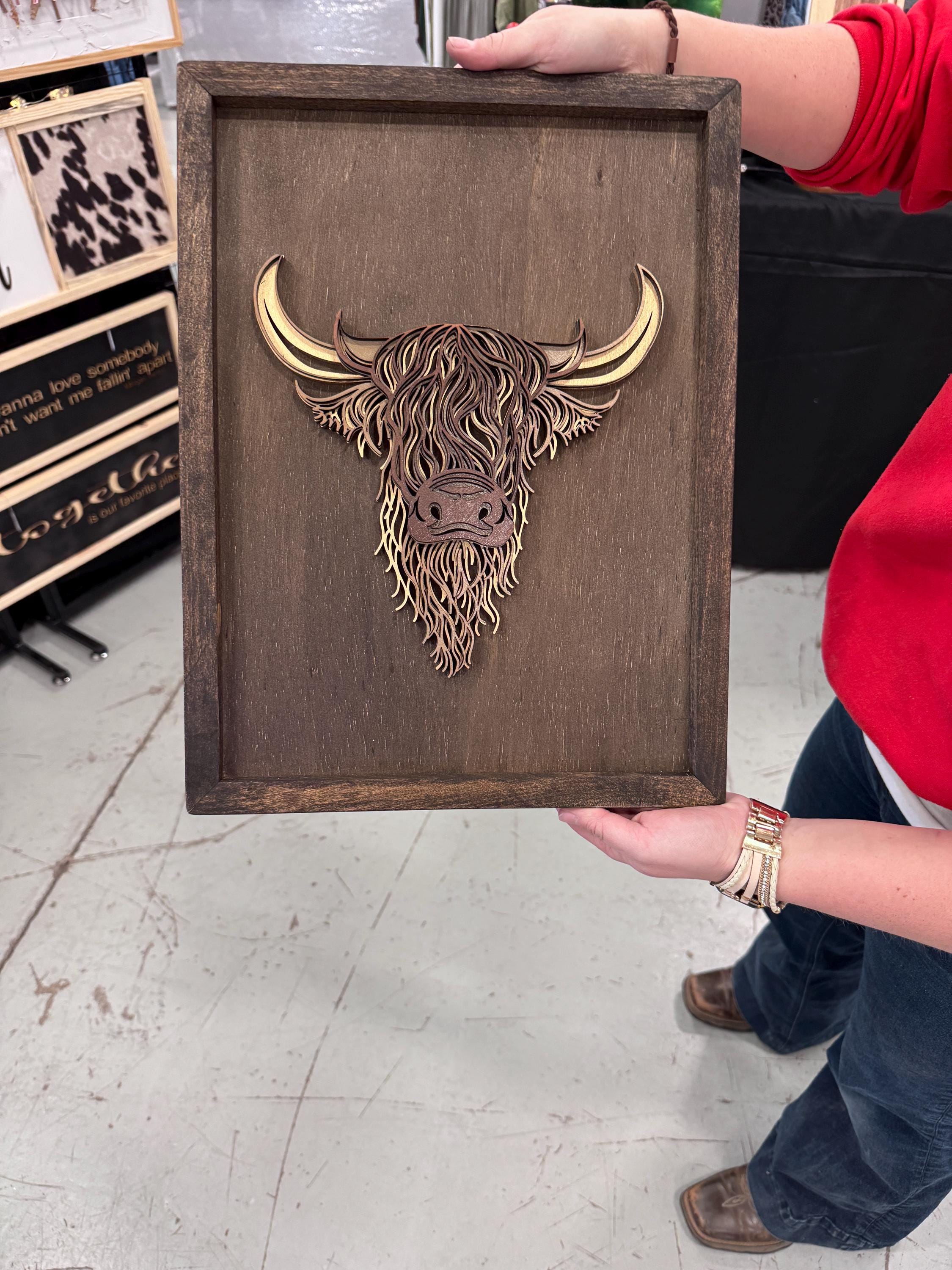 3D Highland Cow Wooden Wall Art | Layered Wood Farmhouse Decor | Rustic ...