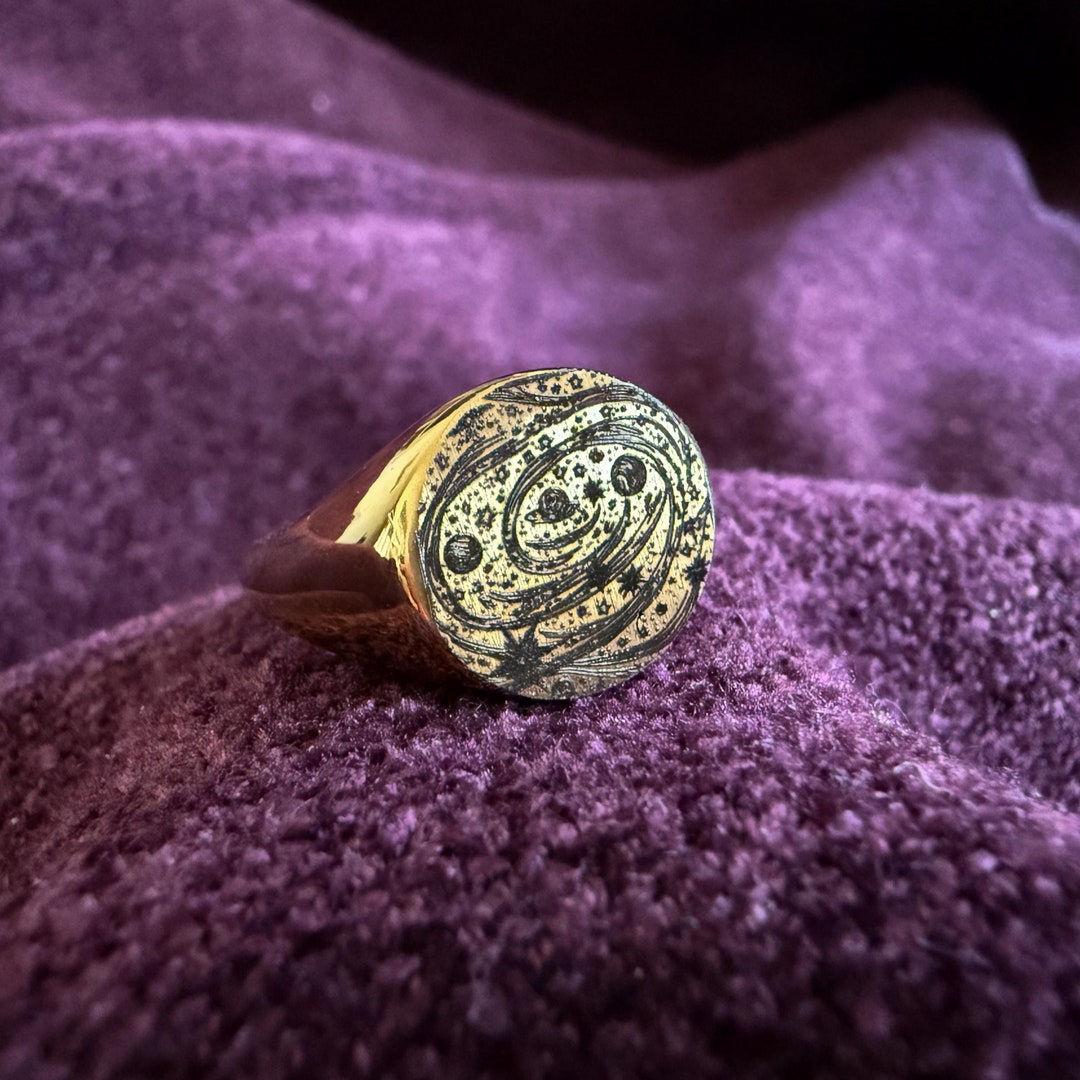 Space Pattern Signet Ring • Stainless Steel Gold Ring • Minimalist ...