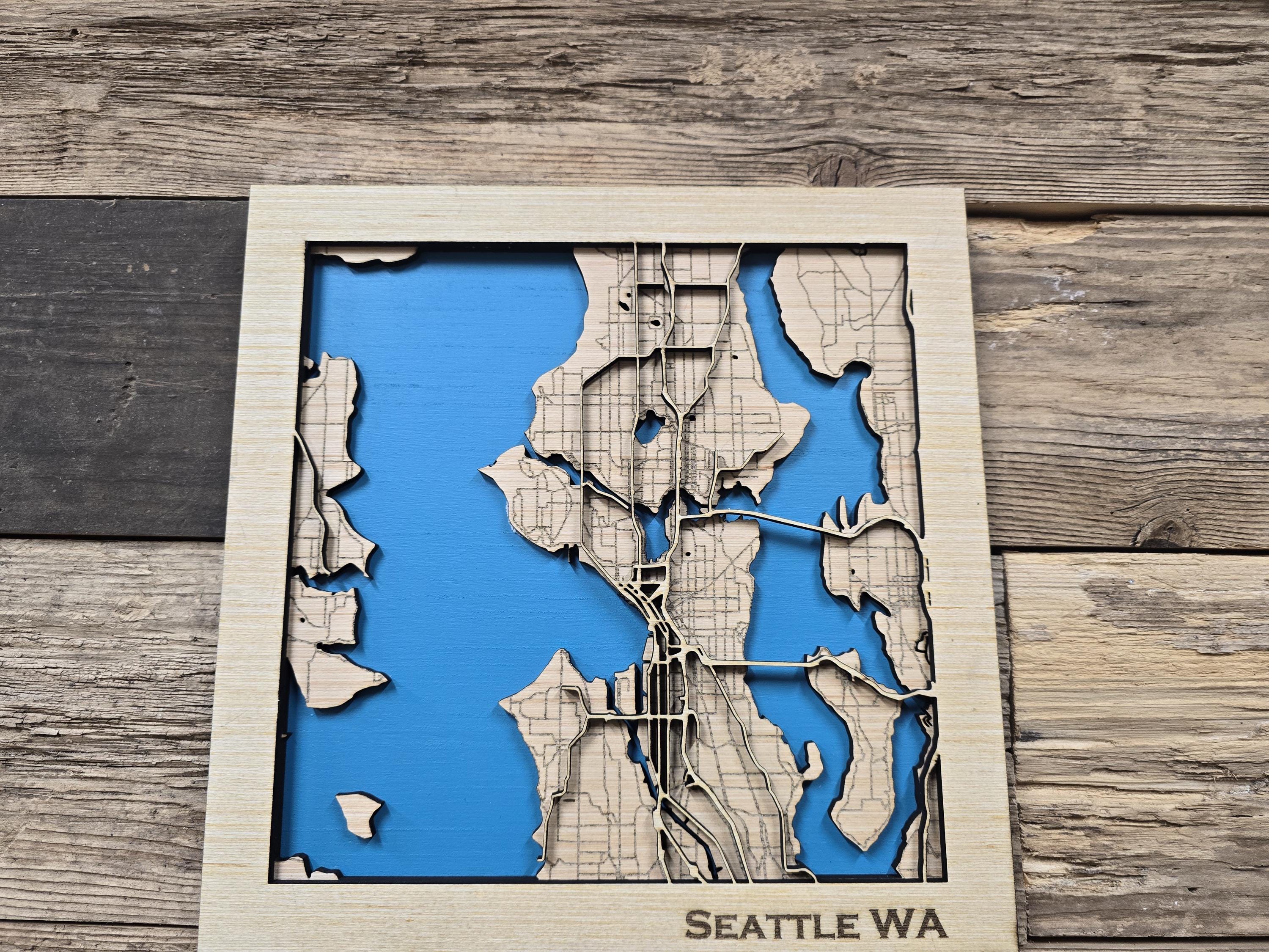 Seattle Layered Map Svg File, Seattle WA Layered City Map File, Wooden ...