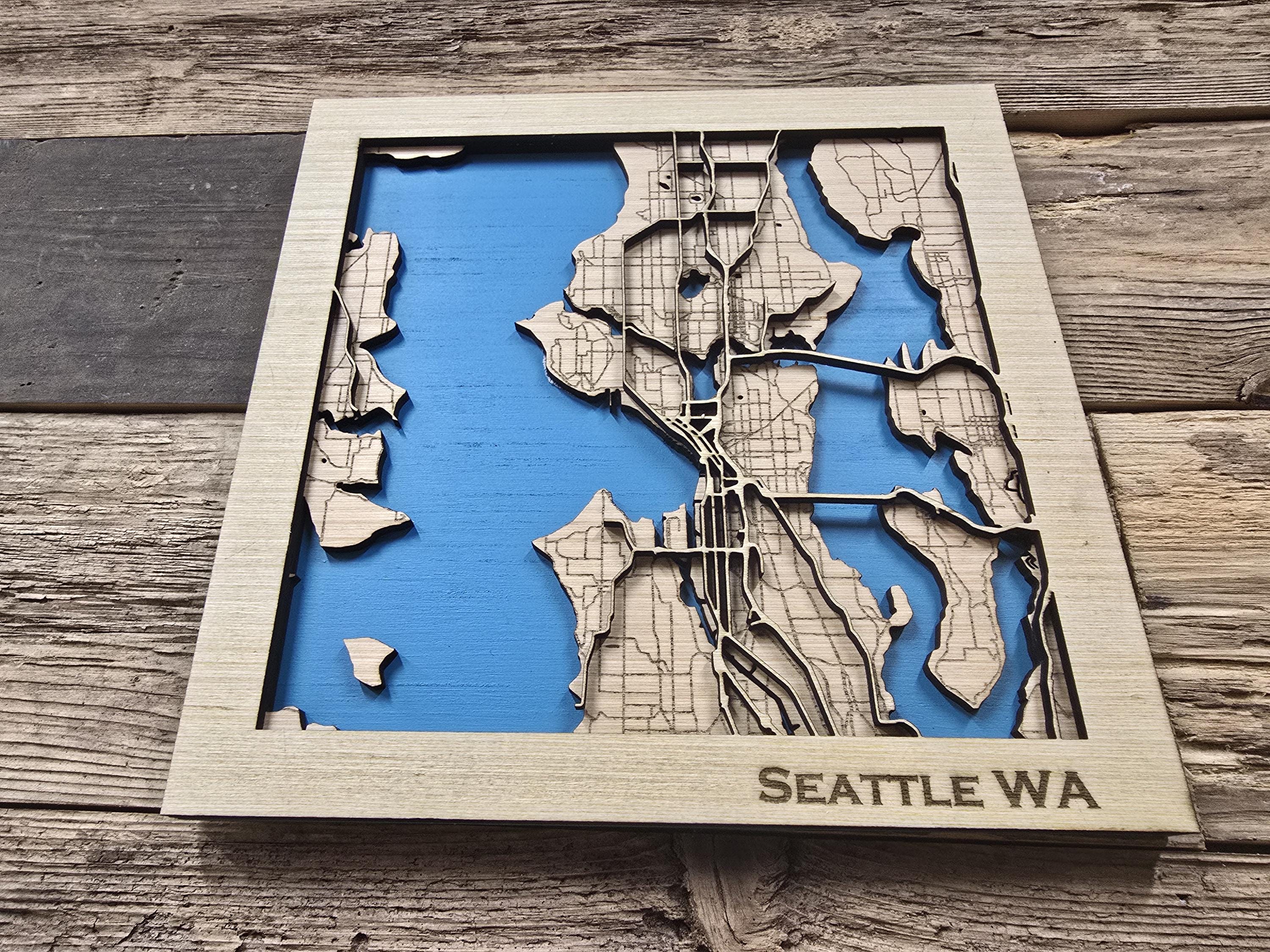 Seattle Layered Map Svg File, Seattle WA Layered City Map File, Wooden ...