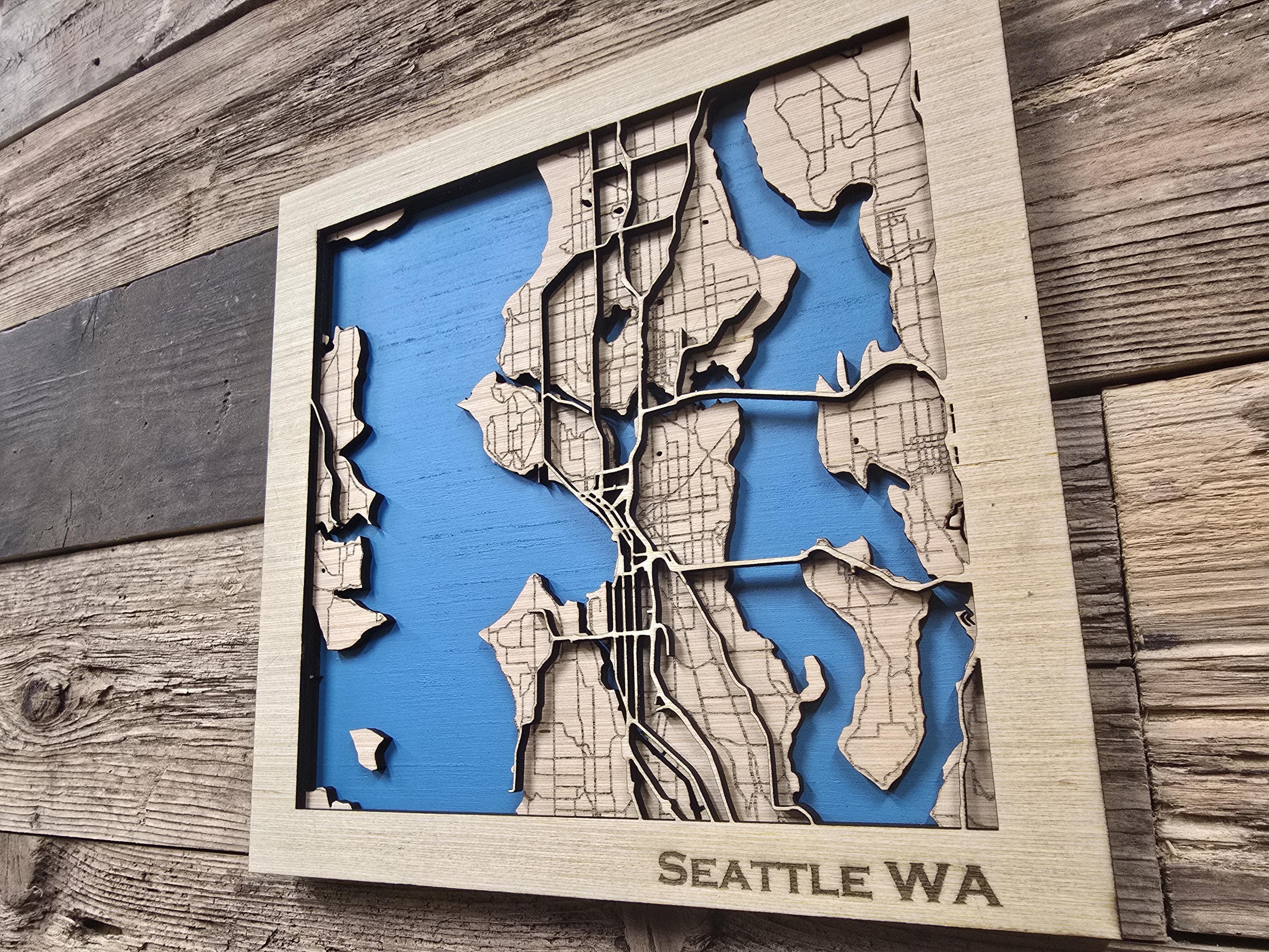 Seattle Layered Map Svg File, Seattle WA Layered City Map File, Wooden ...