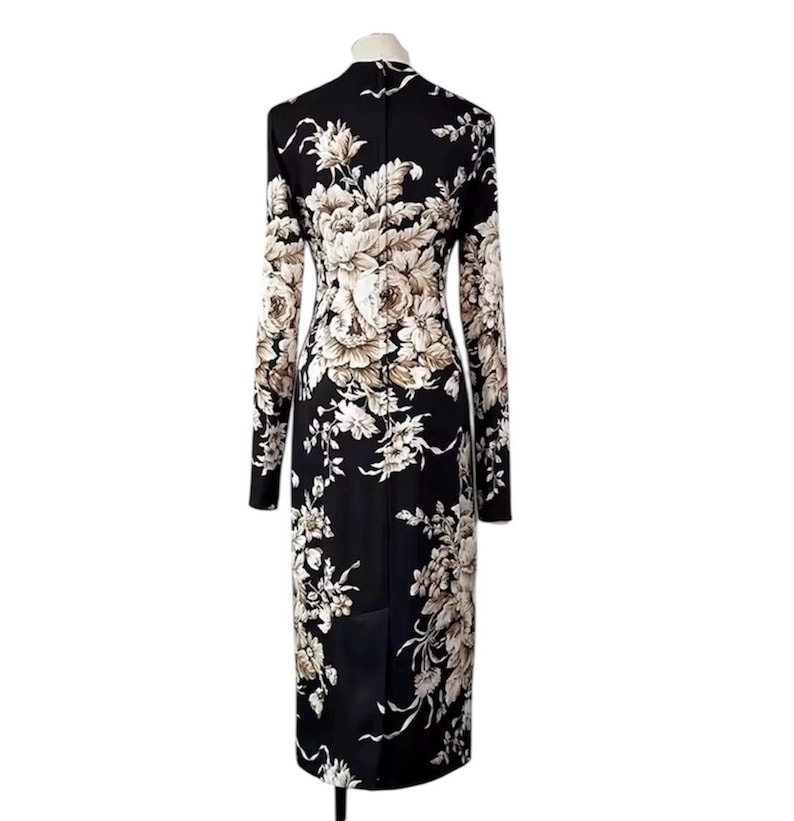 Handmade Italian Long Sleeves Floral Print 100% Silk Dress Black Color ...