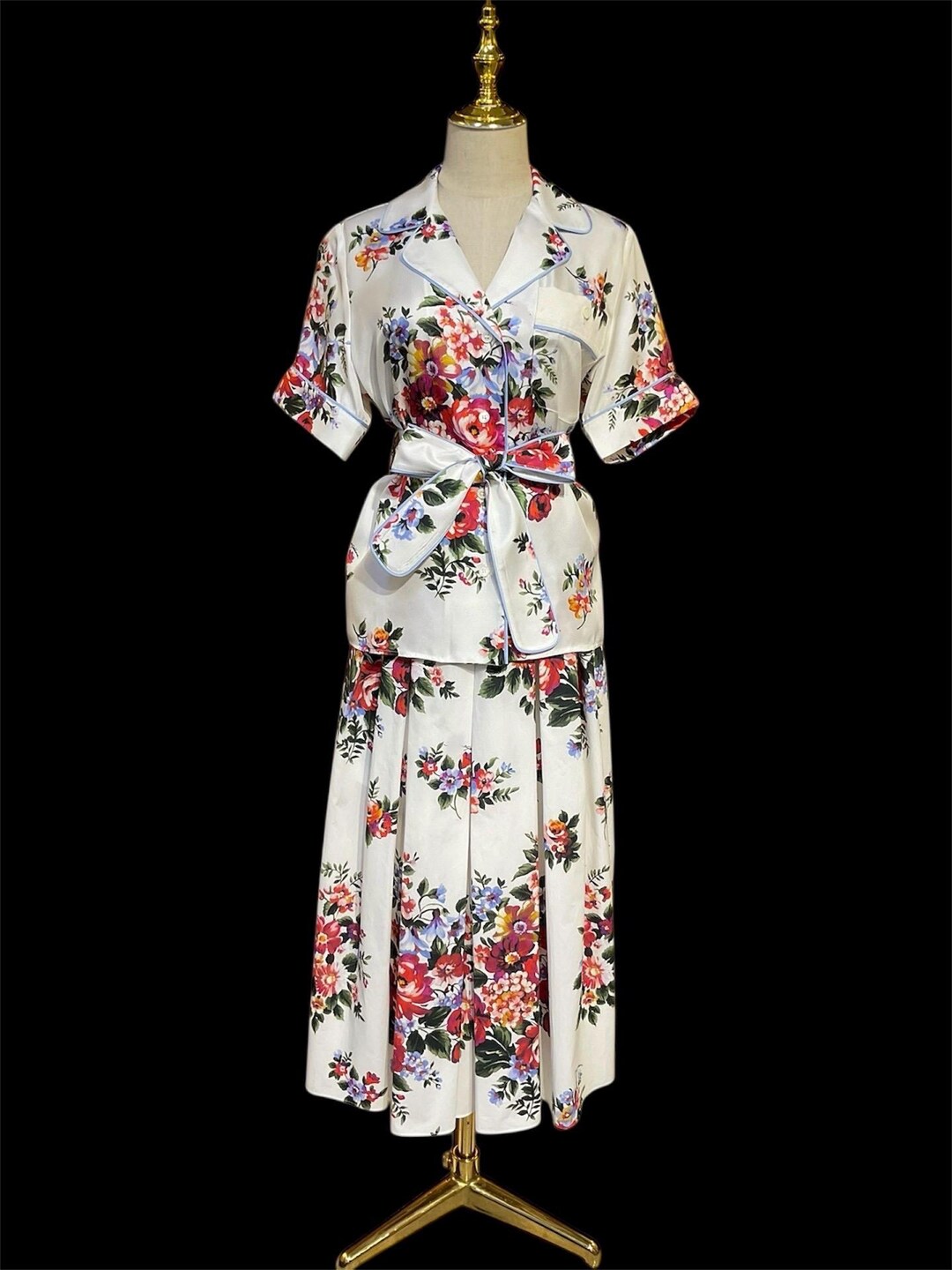 Handmade Italian Roses Style Floral Print Set Blouse and Skirt Summer ...