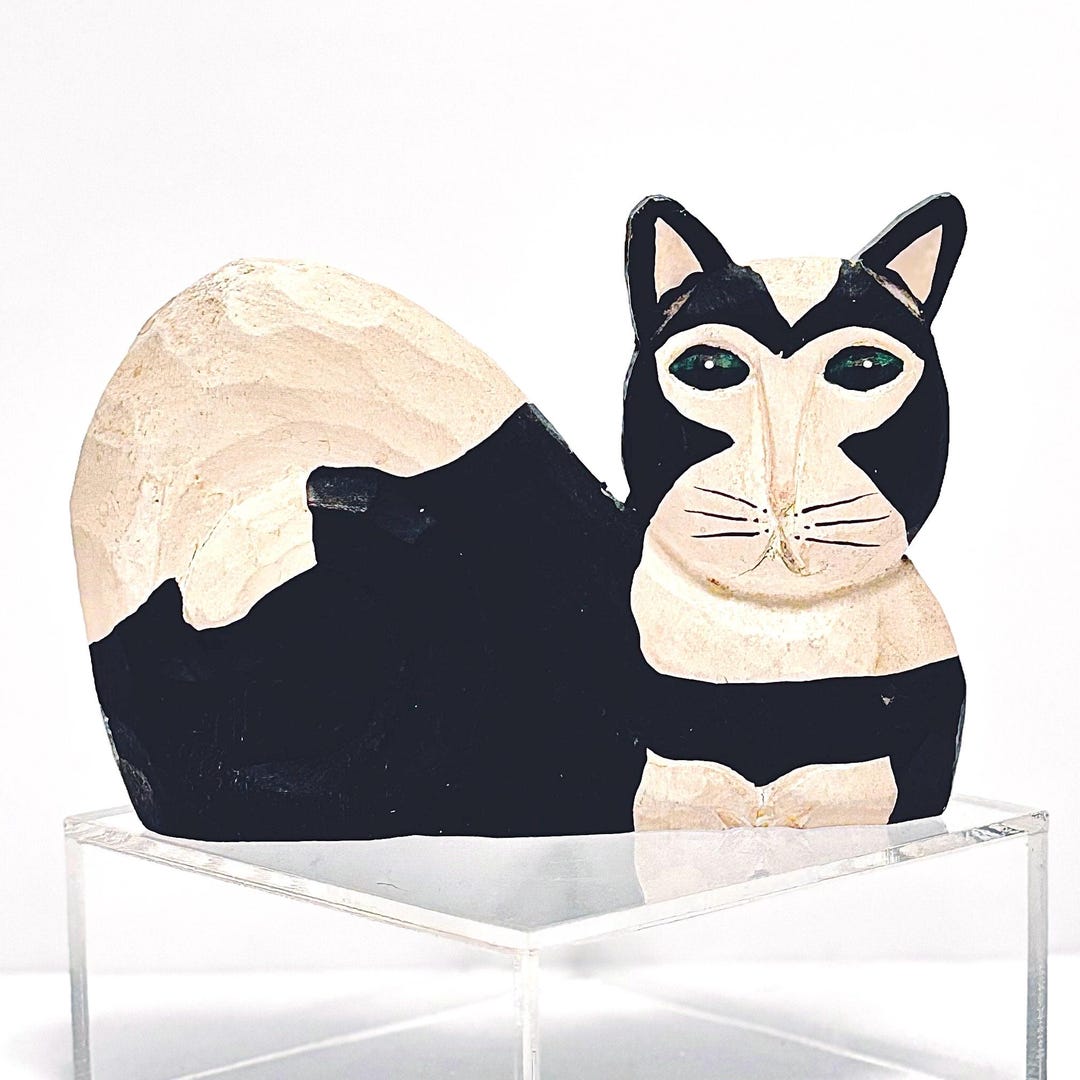 Vintage 4” James Haddon Wood Cat Wooden Hand Carved Black & White Cat ...