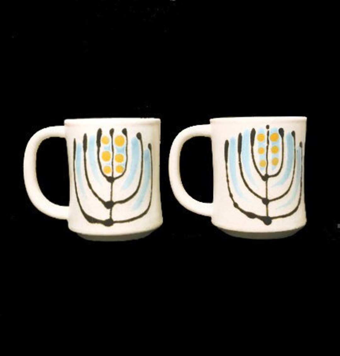 2 Menorah Stoneware Cups Jewish Menorah Stoneware Mugs Jewish Cups With ...